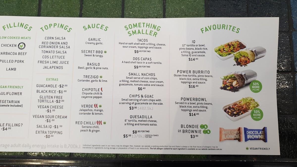 Menu at Zambrero Hervey Bay restaurant, Hervey Bay
