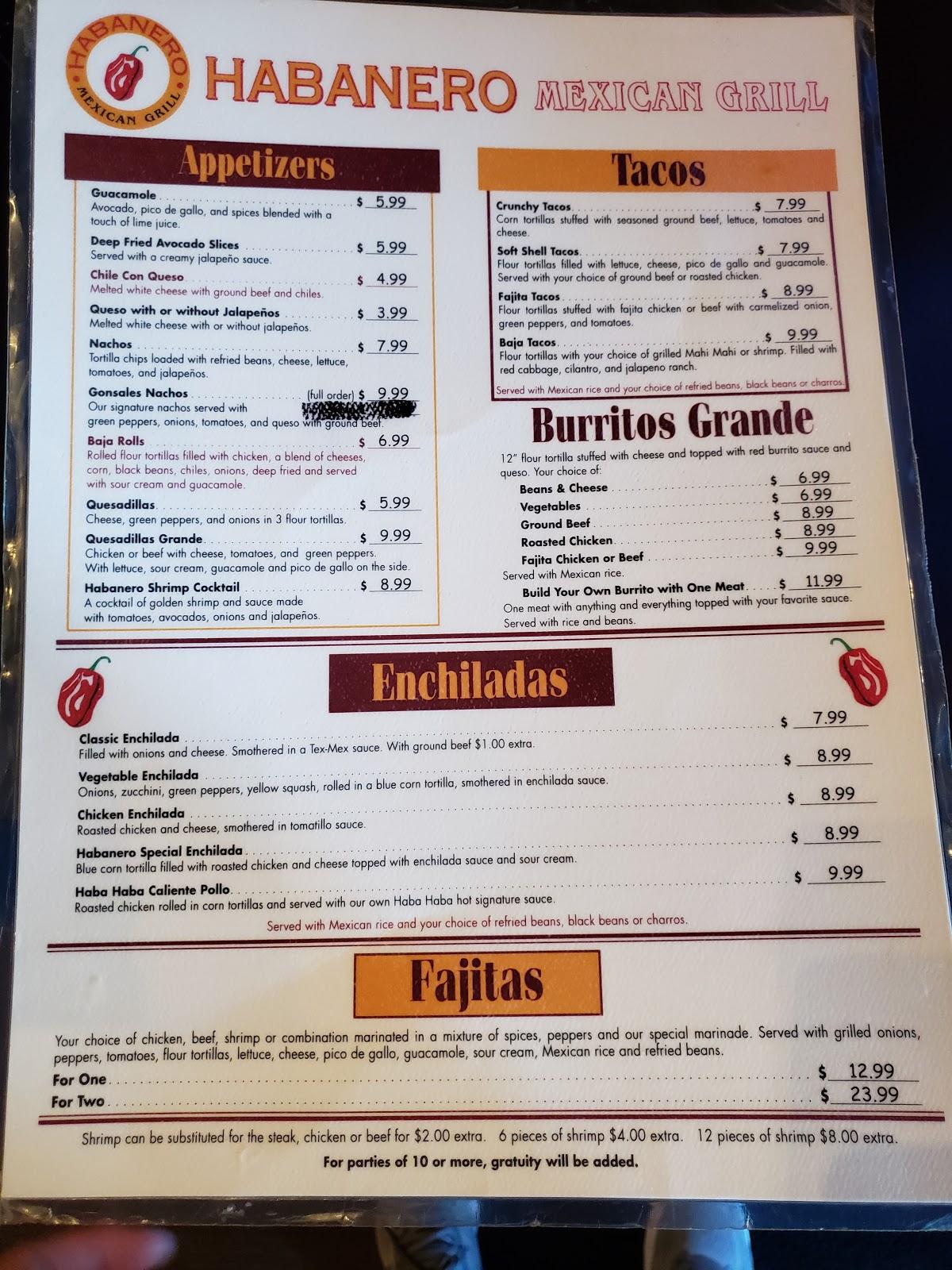 Menu at Habanero Mexican Grill restaurant, Draffenville