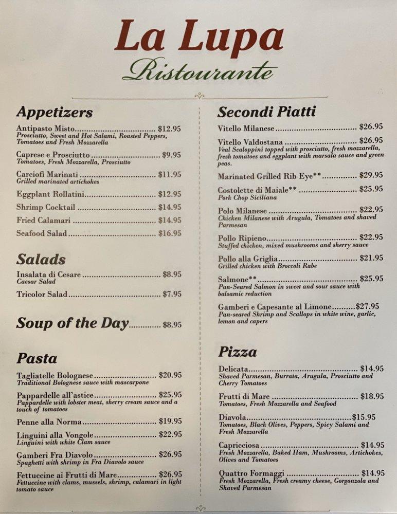 Menu at La Lupa Ristorante restaurant, North Haven