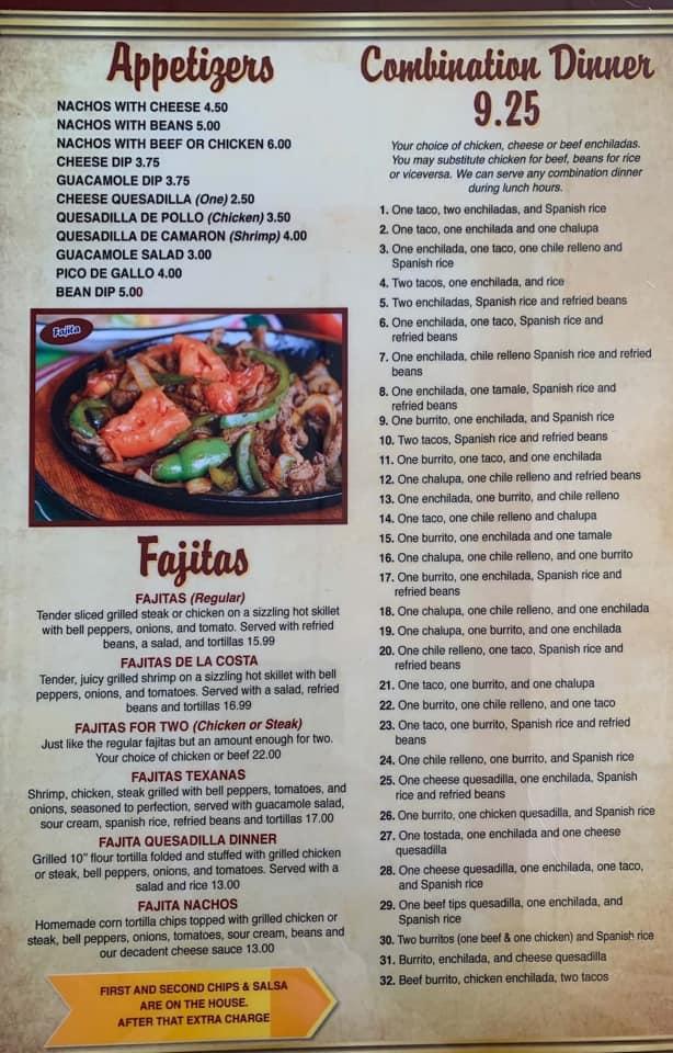 Menu at Luna Azteca restaurant, Johnstown