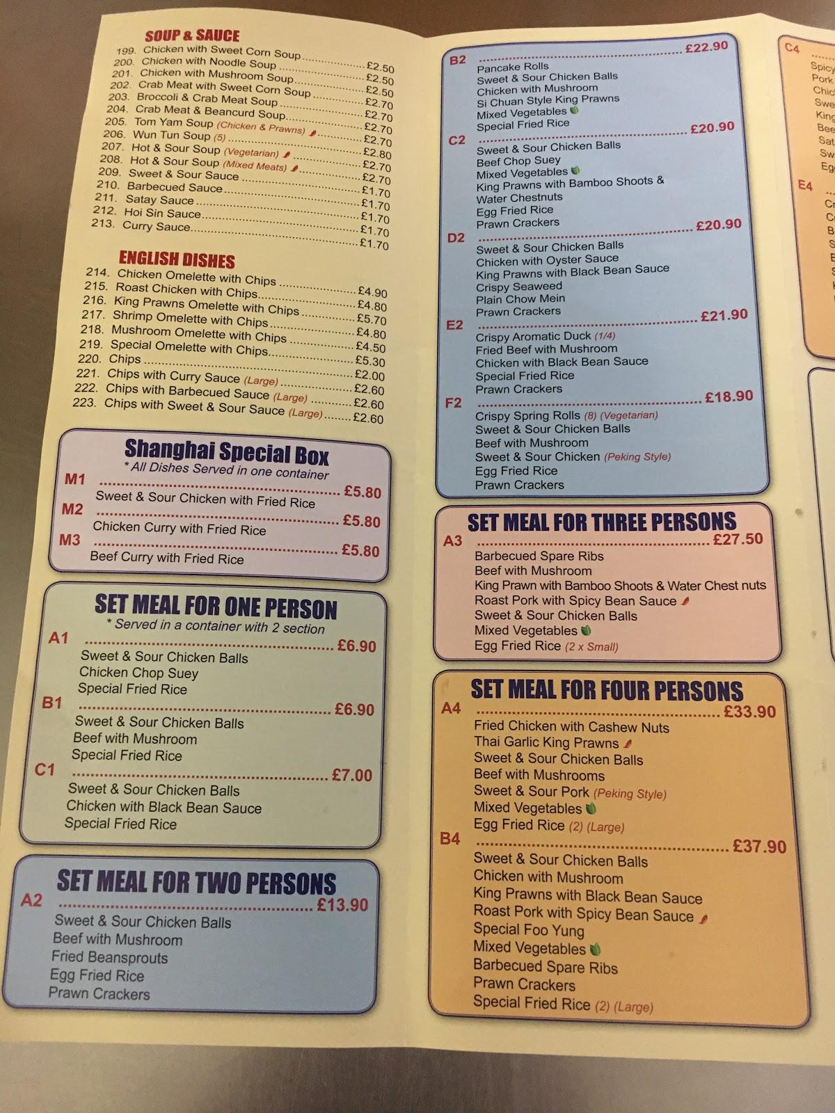 Menu at Shanghai fast food, Faversham