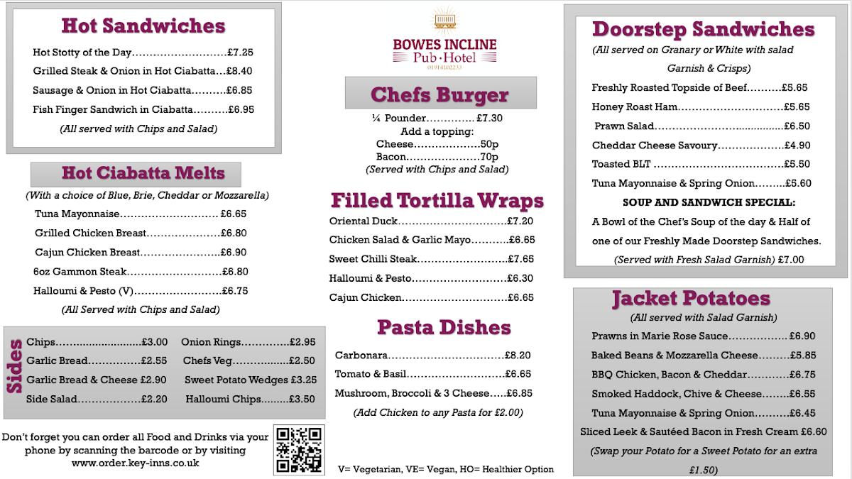 Menu at The Bowes Incline pub & bar, Gateshead