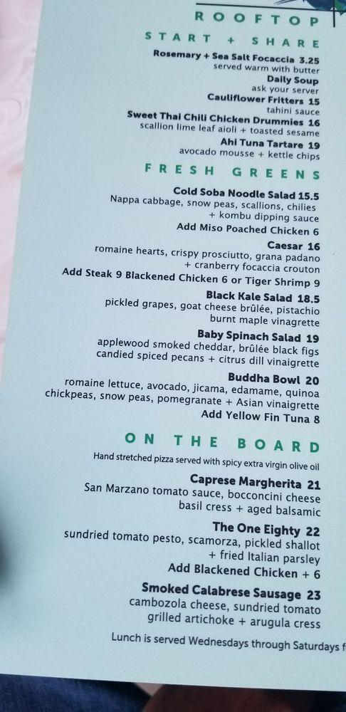 Menu at The One Eighty restaurant, Toronto