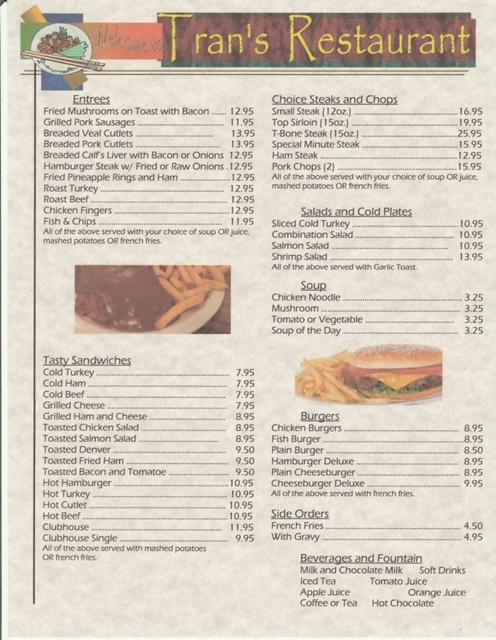 Menu at Tran's Cafe, Humboldt