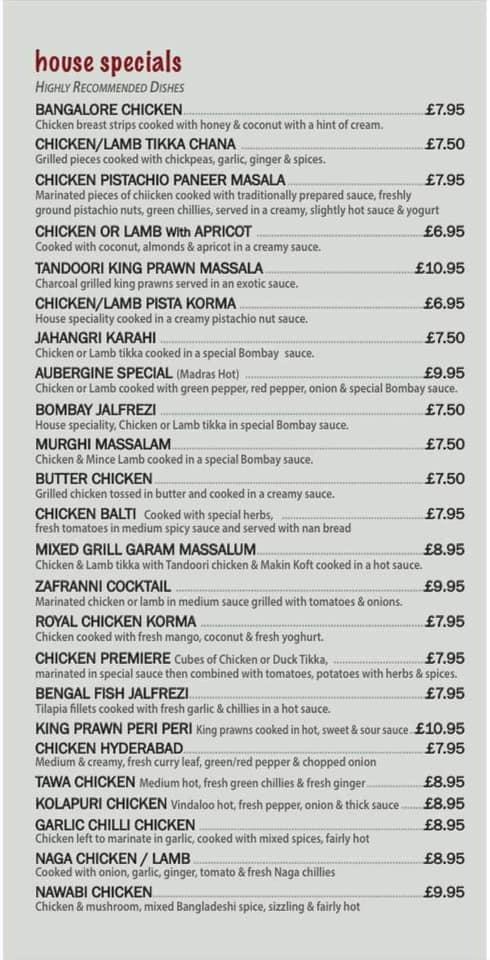Menu at Bombay Brasserie restaurant, Boston