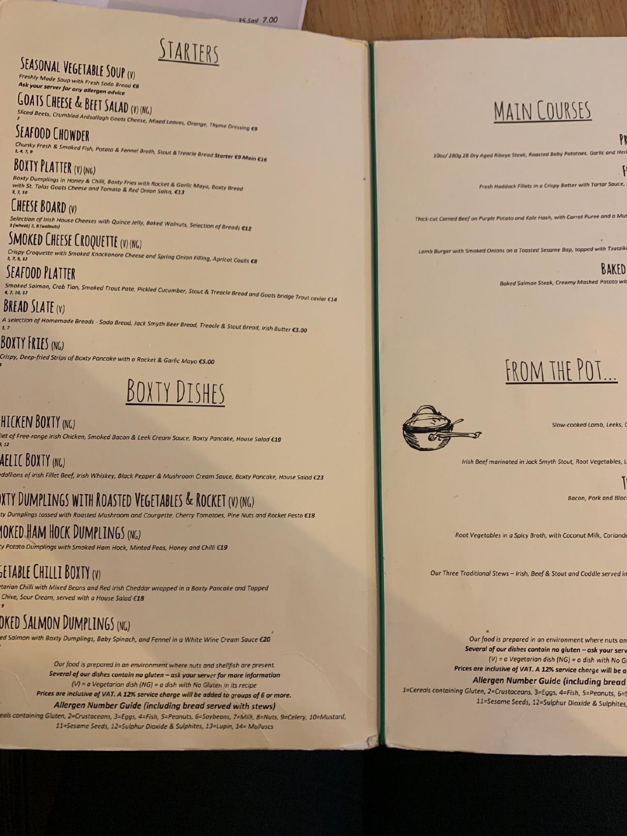 Menu at Gallaghers Boxty House restaurant, Dublin