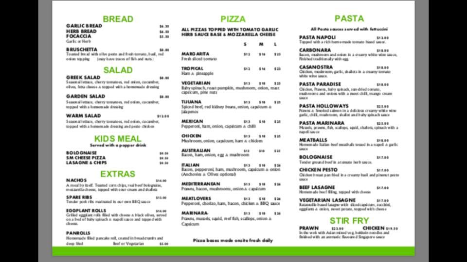 Menu at Holloways Pizza & Pasta fast food, Holloways Beach