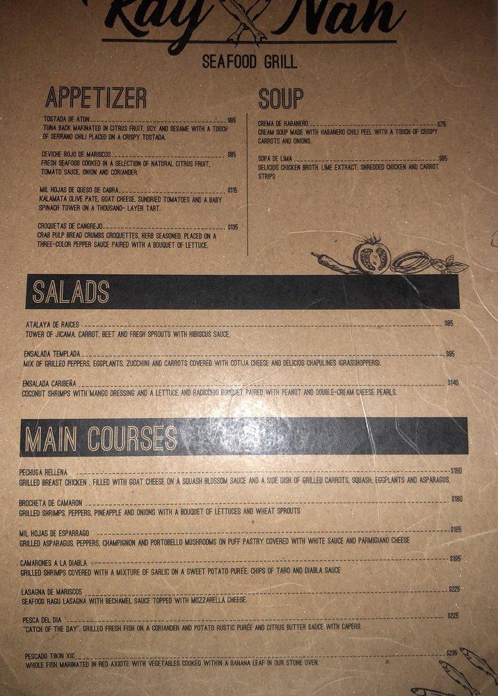 Menu at Kay Nah restaurant, Tulum