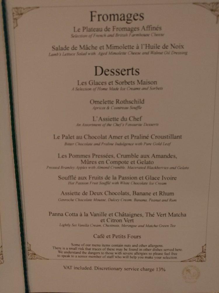 Menu at Le Gavroche restaurant, London