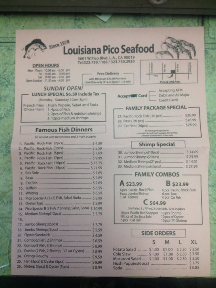 Menu at Pico Seafood restaurant, Los Angeles, W Pico Blvd
