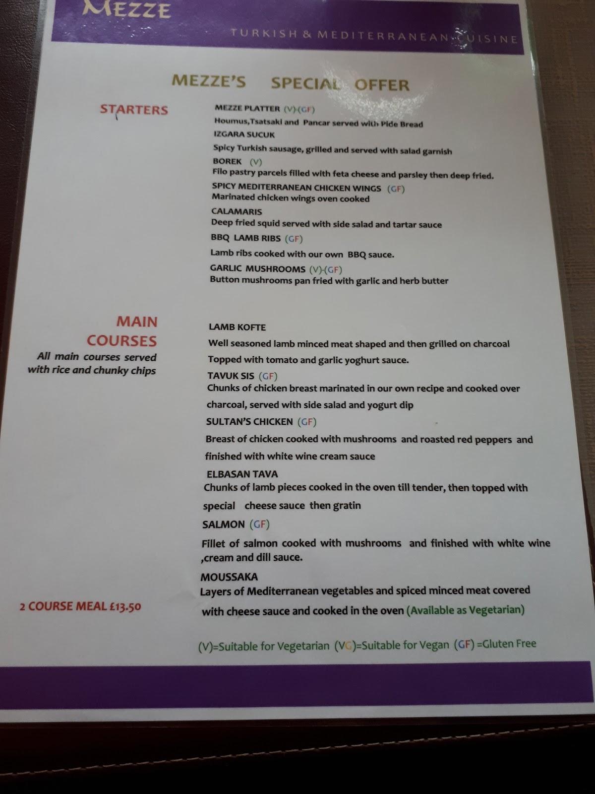 Menu at Mezze restaurant, Wallasey