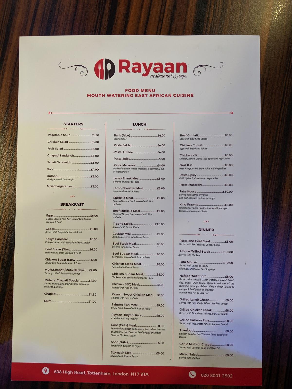 Menu at Rayaan Restaurant & Cafe, London