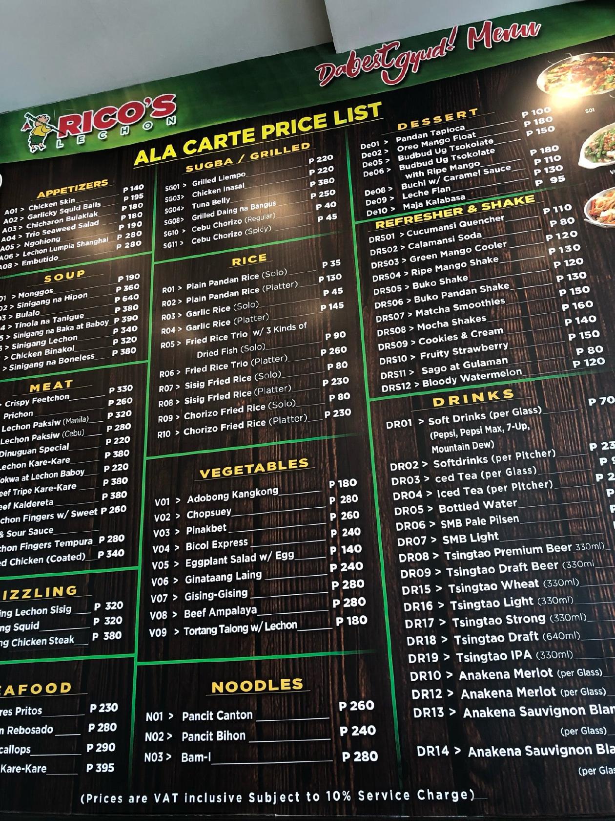 Menu at Rico's Lechon restaurant, Pasay