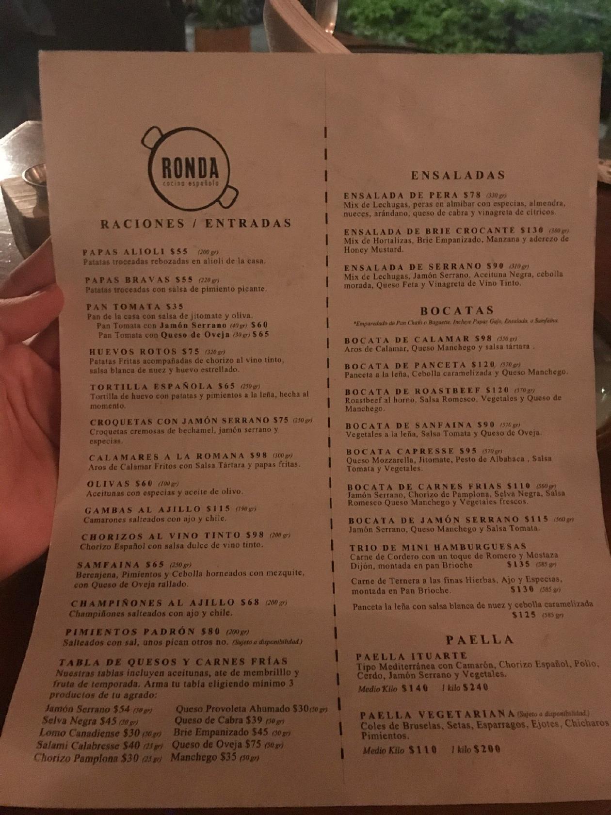 Carta del restaurante Ronda, Guadalajara