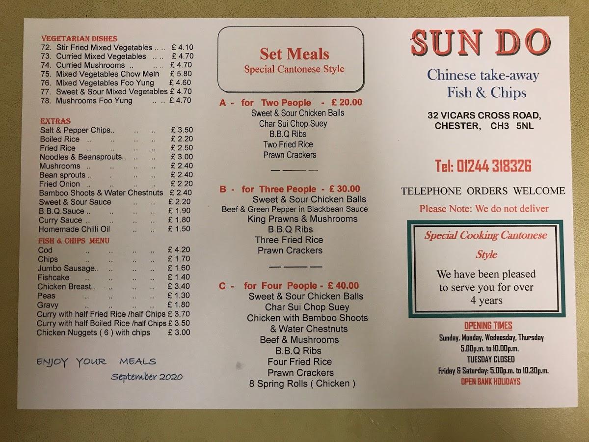 Menu at Sun Do Chinese Takeaway fast food, Chester