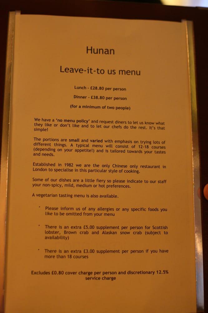 Menu at Hunan restaurant, London