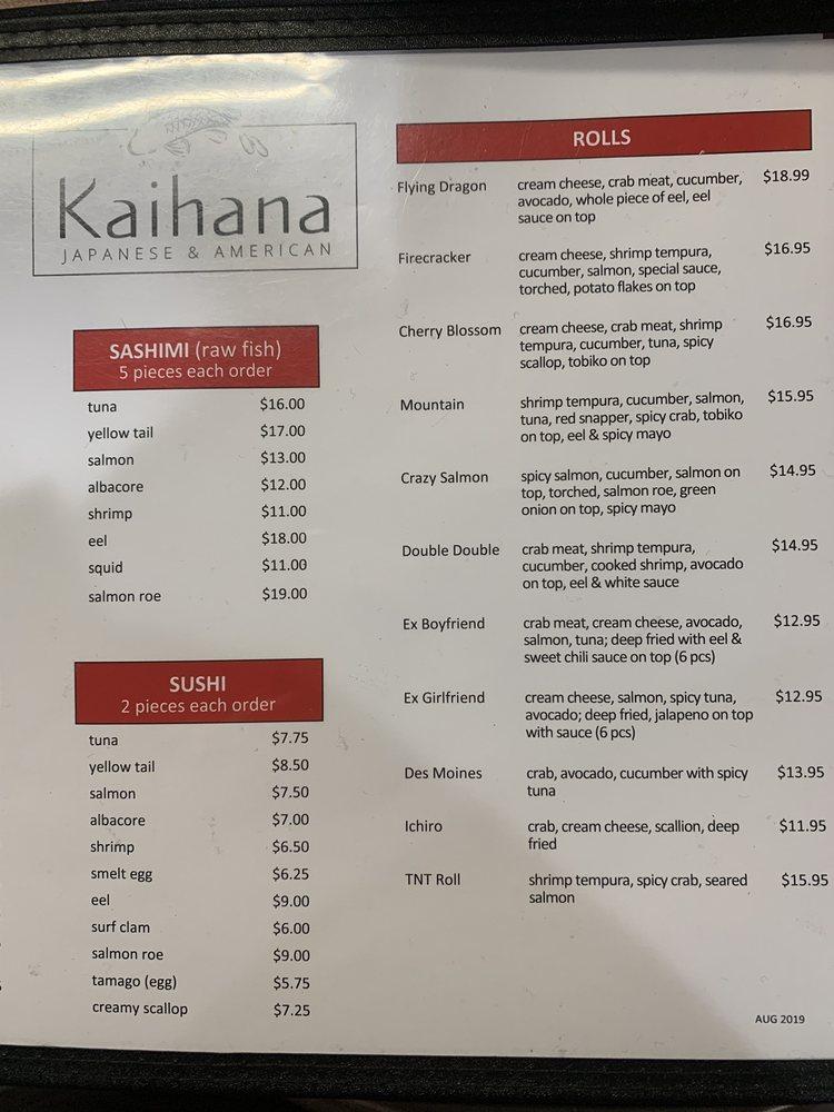 Menu at Kaihana restaurant, Des Moines