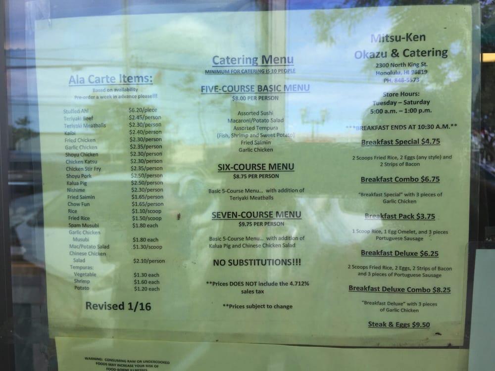 Menu at Mitsu-Ken fast food, Honolulu, N King St