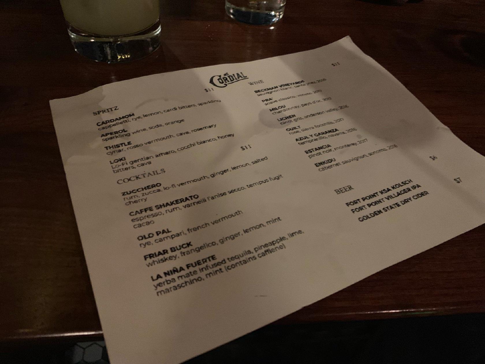 Menu at The Cordial pub & bar, San Francisco