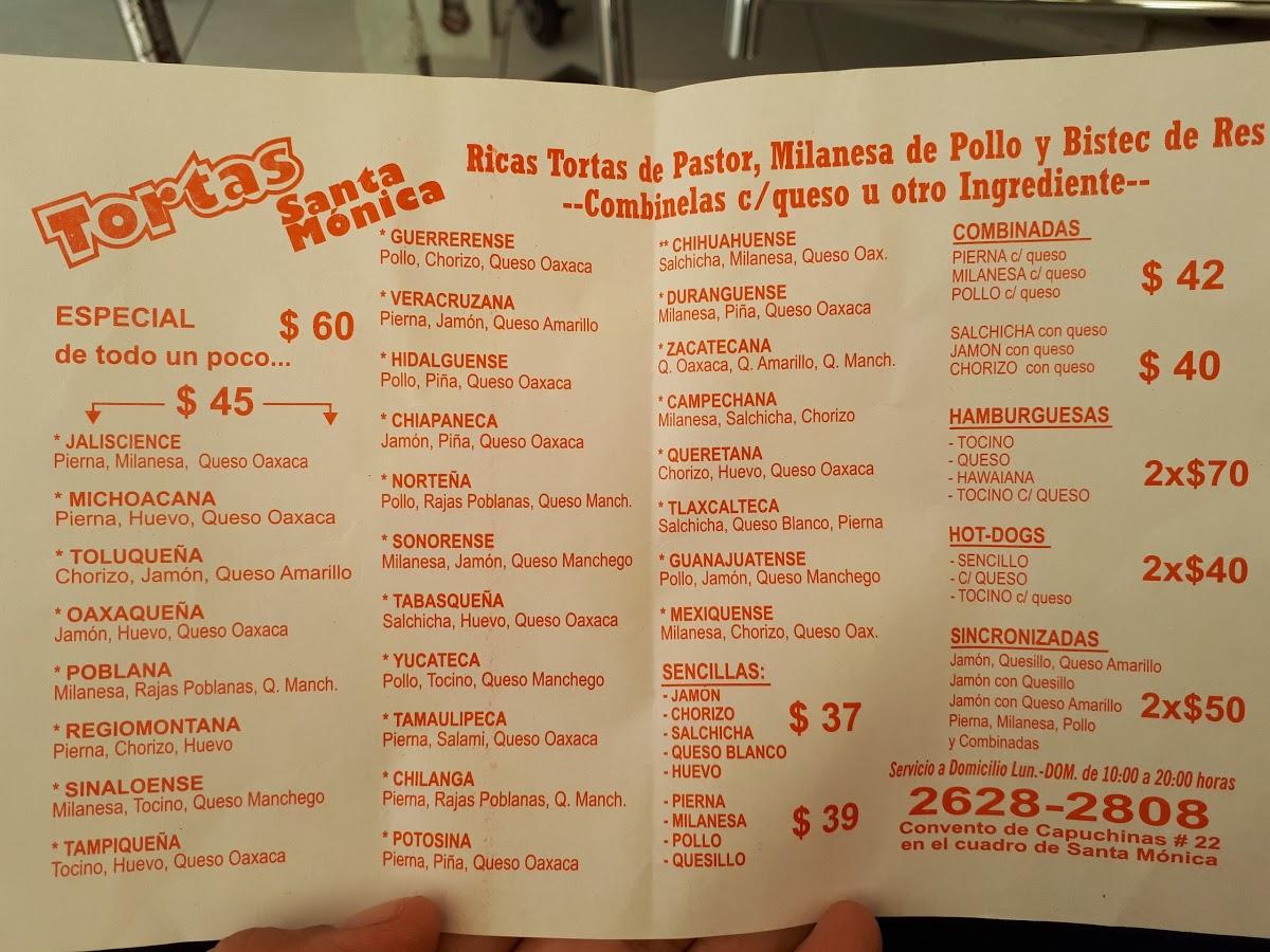 Carta del restaurante Tortas Santa Mónica, Tlalnepantla