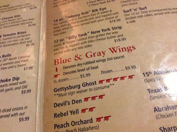Menu at Blue & Gray Bar & Grill, Gettysburg
