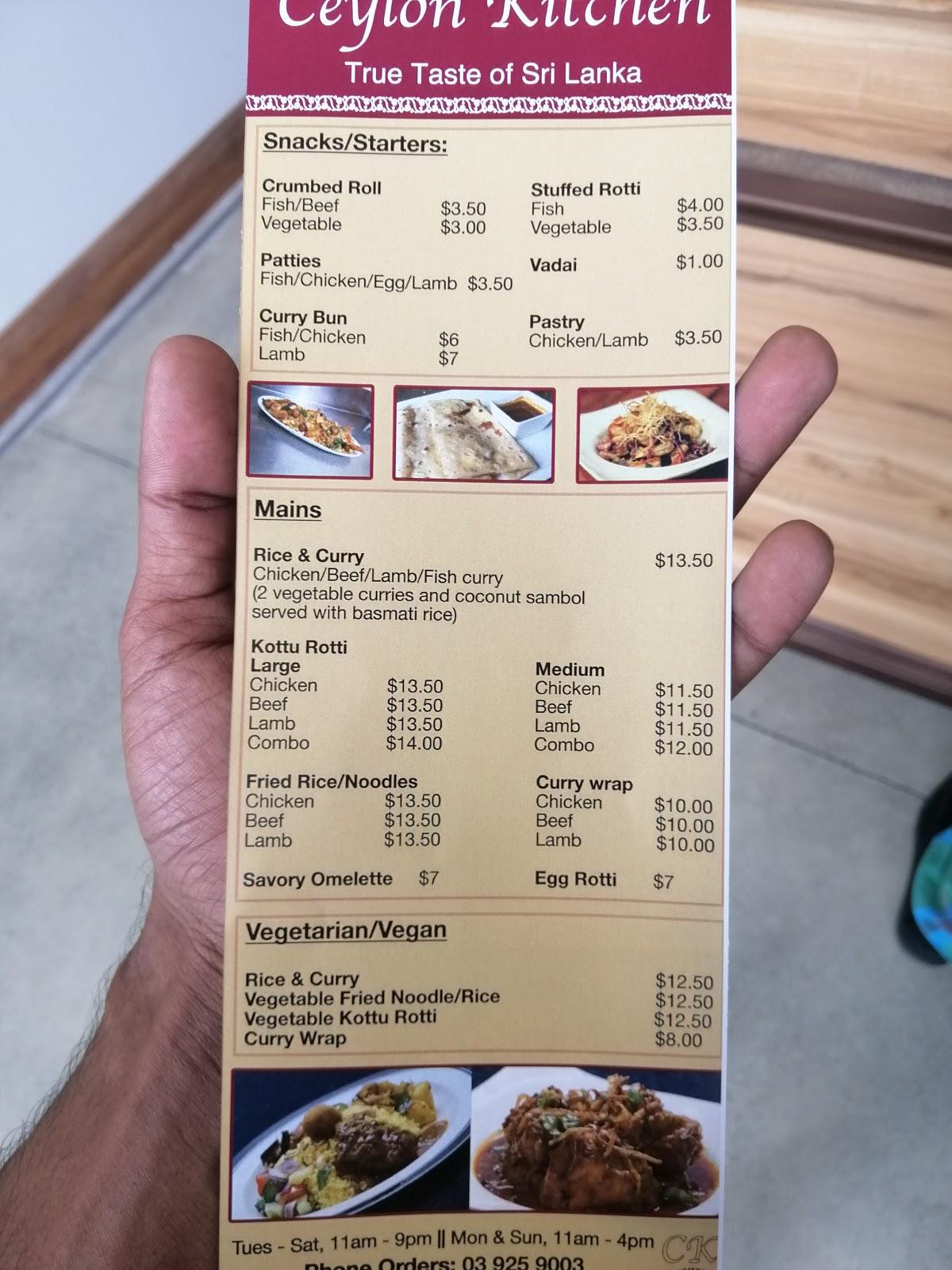 Menu at Ceylon Kitchen restaurant, Christchurch, The Yard 173 St Asaph St