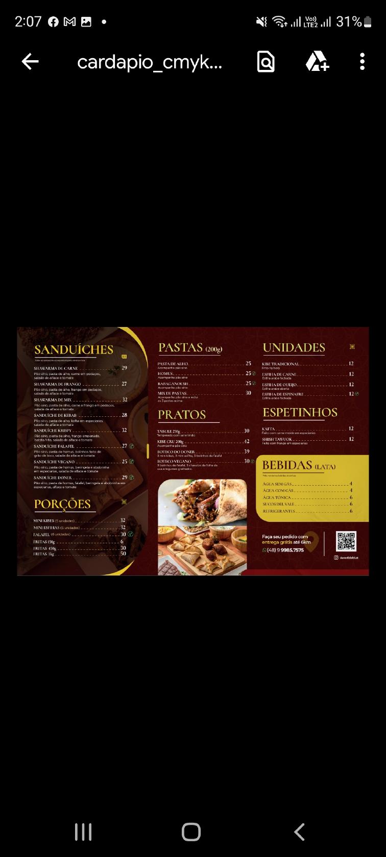 Menu at Doner falafel restaurant, Florianópolis
