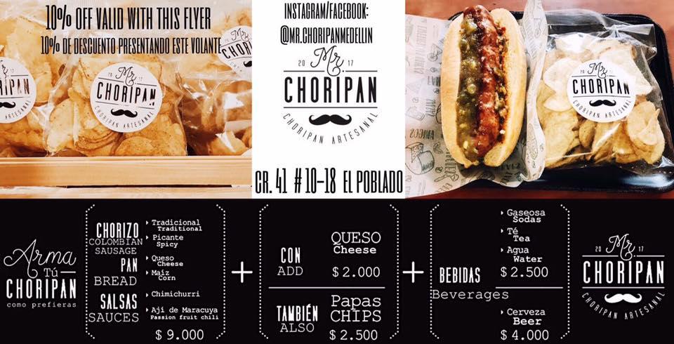 Menu at Mr Choripan restaurant, Medellín