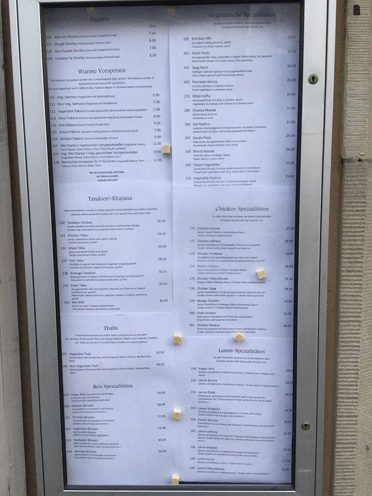 Menu at New Bombay, Zürich