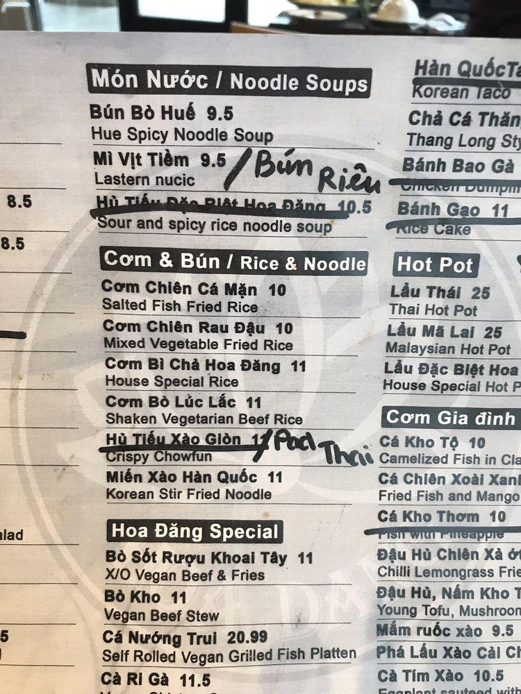 Menu at New Hoa Dang Vegetarian Restaurant, San Jose