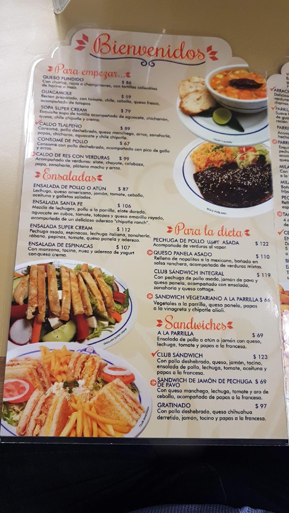 Menu at Super Cream restaurant, Tampico, Av. Ejército Mexicano 1