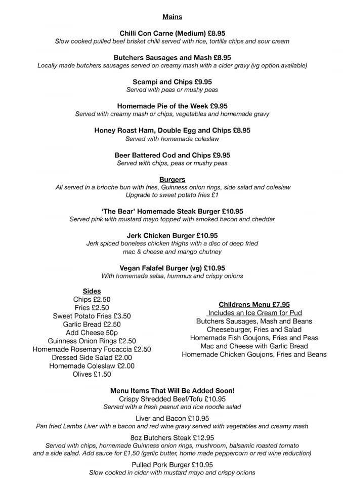 Menu at The Bear Inn pub & bar, Bognor Regis, 237 Pagham Rd