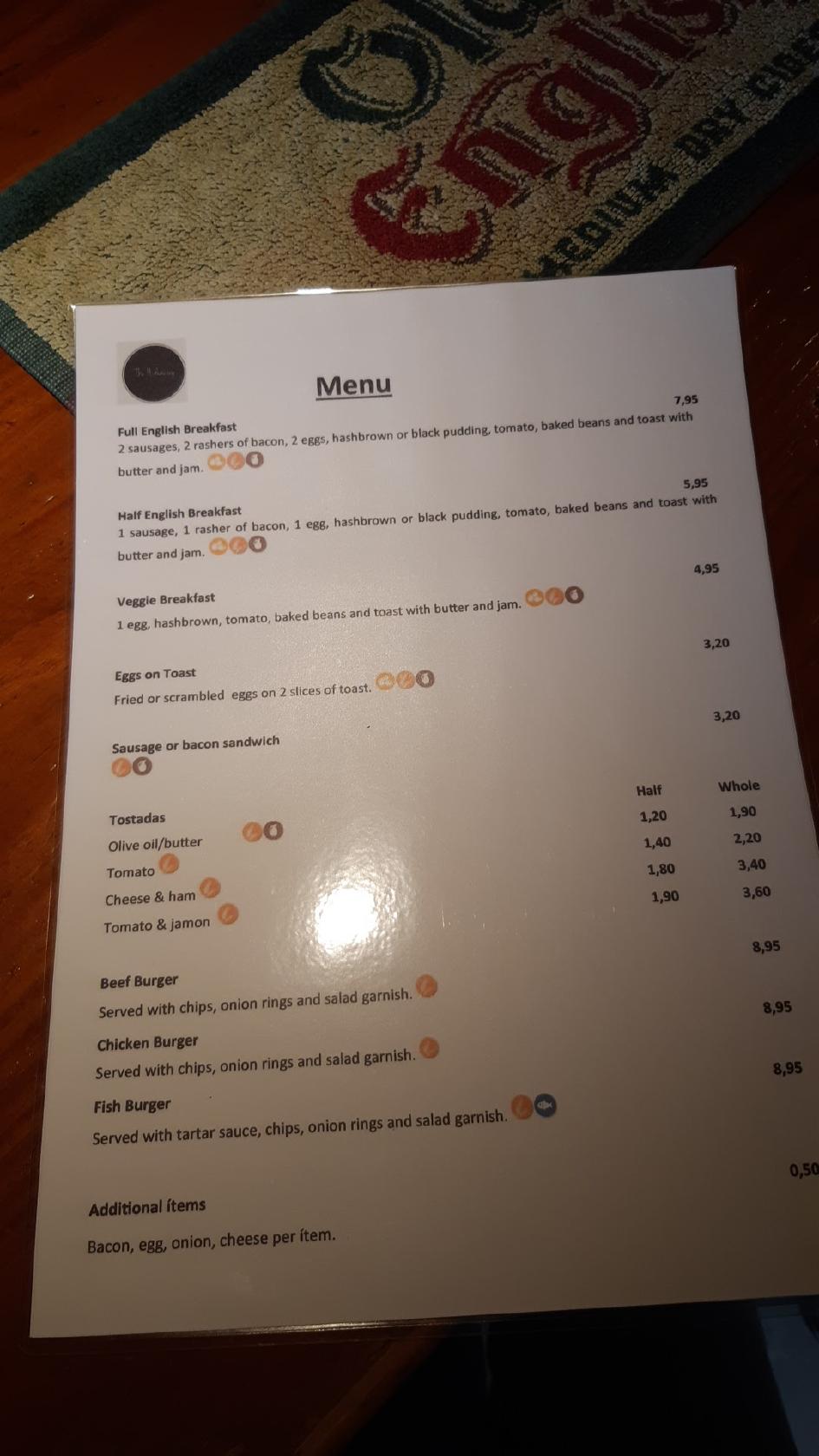 Menu at The Hideaway Bar, La Herradura