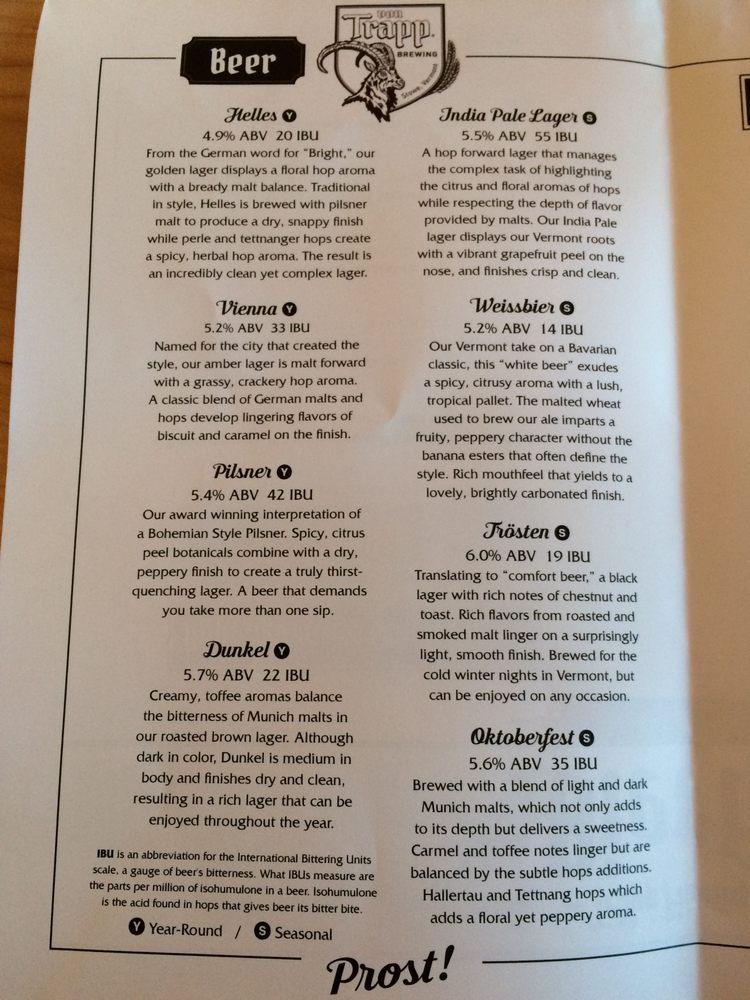 Menu at Trapp Family Lodge restaurant, Stowe, 700 Trapp Hill Rd