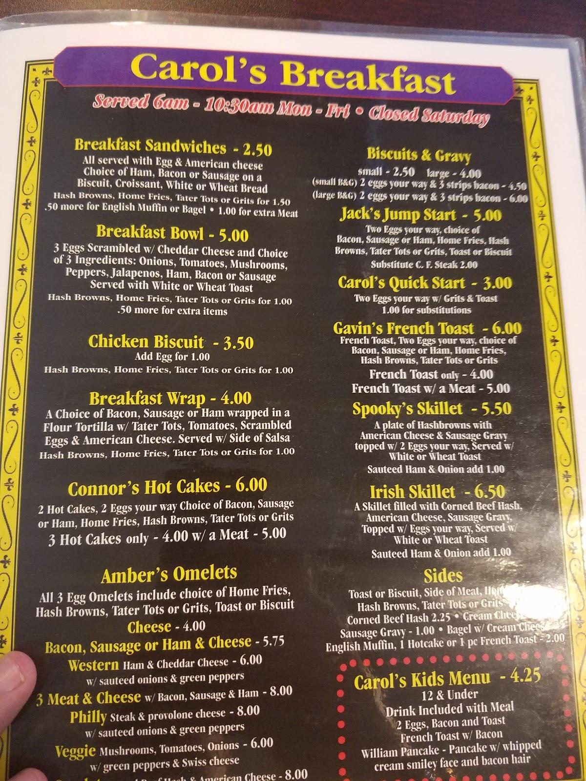 Menu at Carol's Cafe, Mulberry
