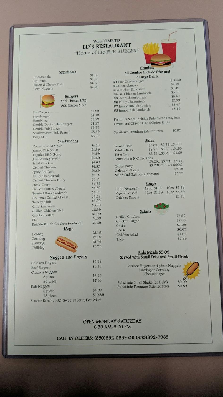 Menu at Ed's Restaurant, DeFuniak Springs, US-90