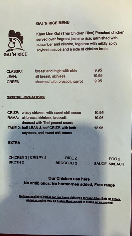 Menu at Gai 'N Rice | Thai Chicken Rice restaurant, Sacramento