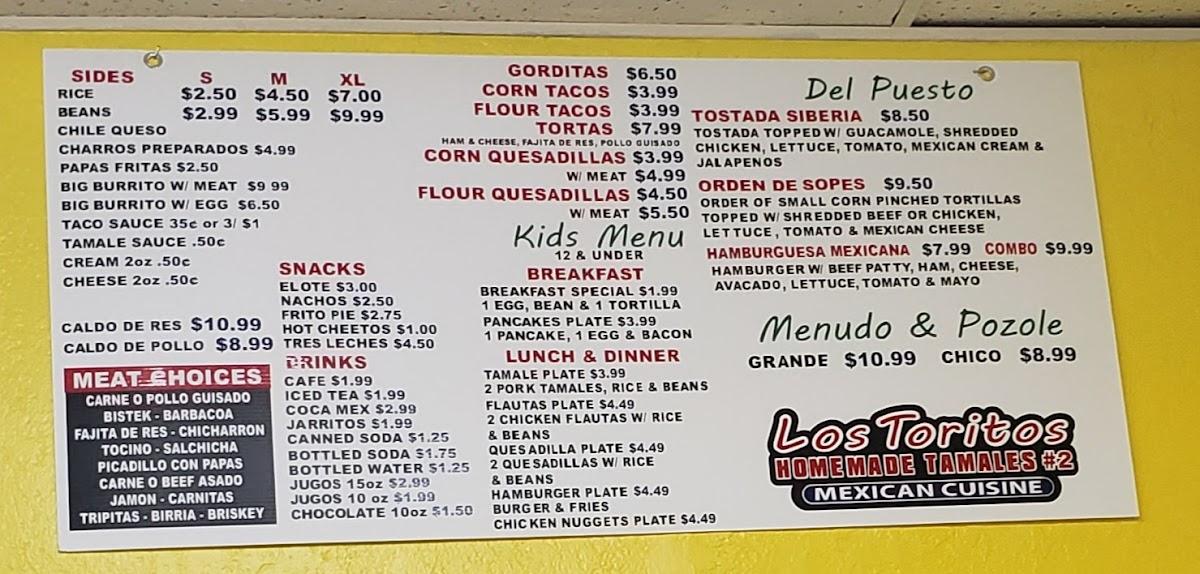 Menu at Los Toritos Tamales restaurant, Pearland