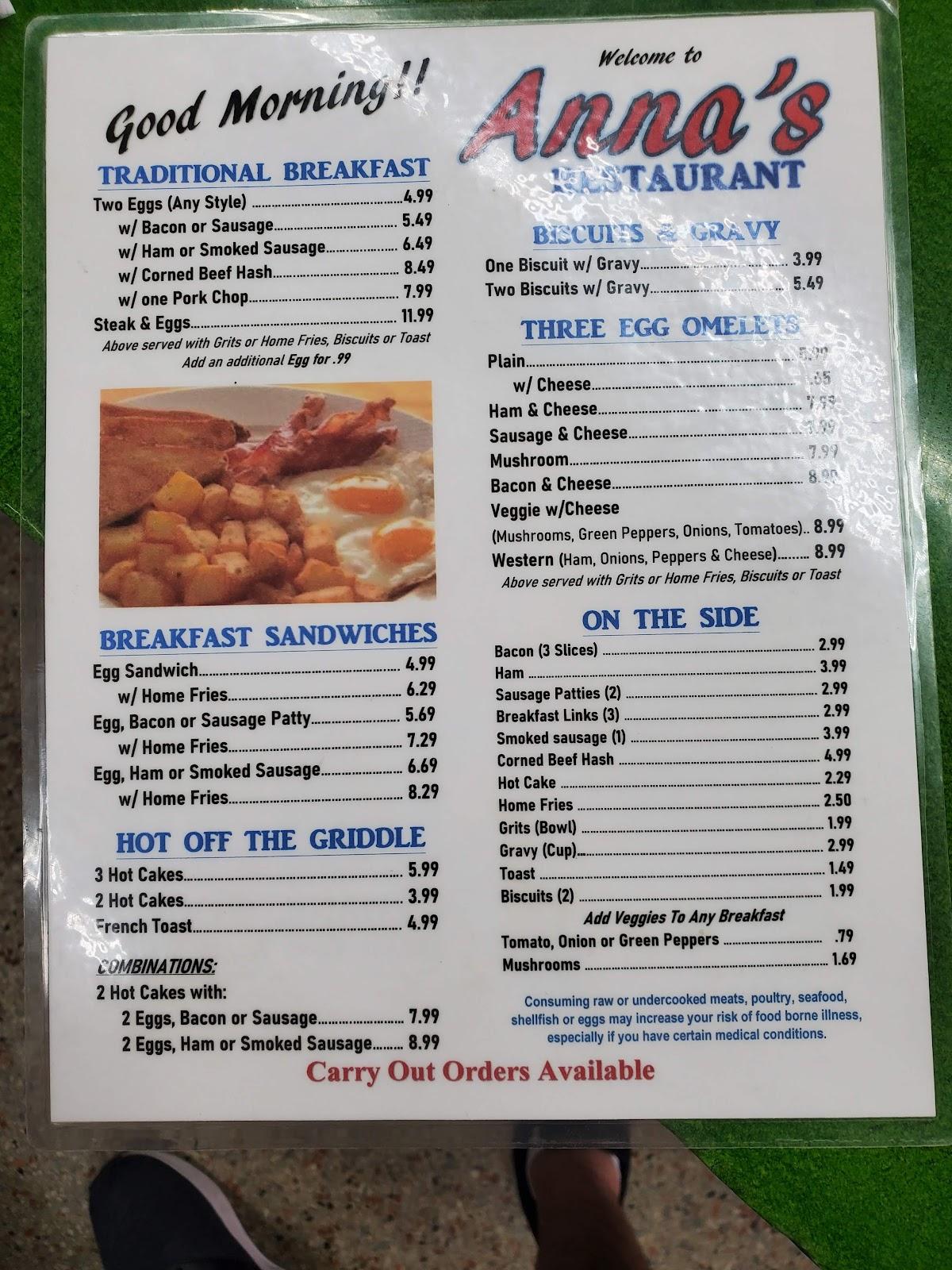Menu at Anna's Restaurant, Plant City