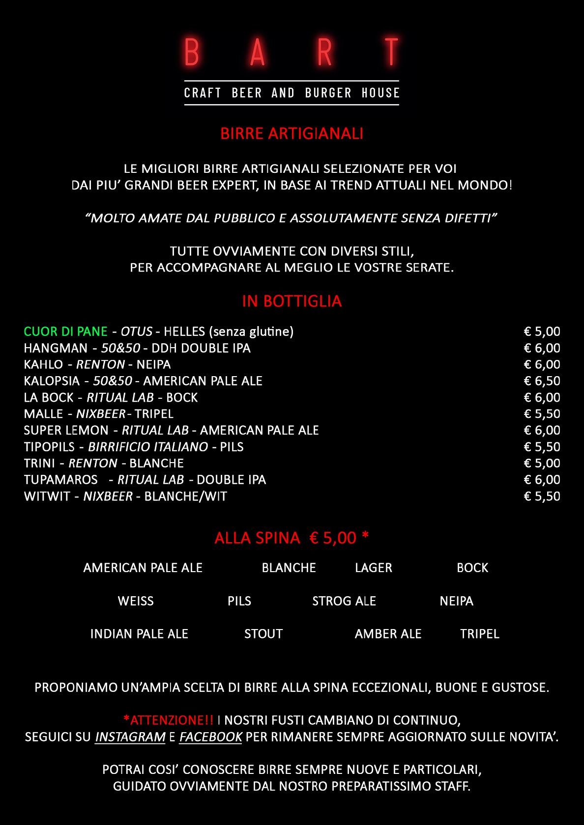 Speisekarte von Bart - Craft Beer and Burger House, ROM, Via Giovanni ...