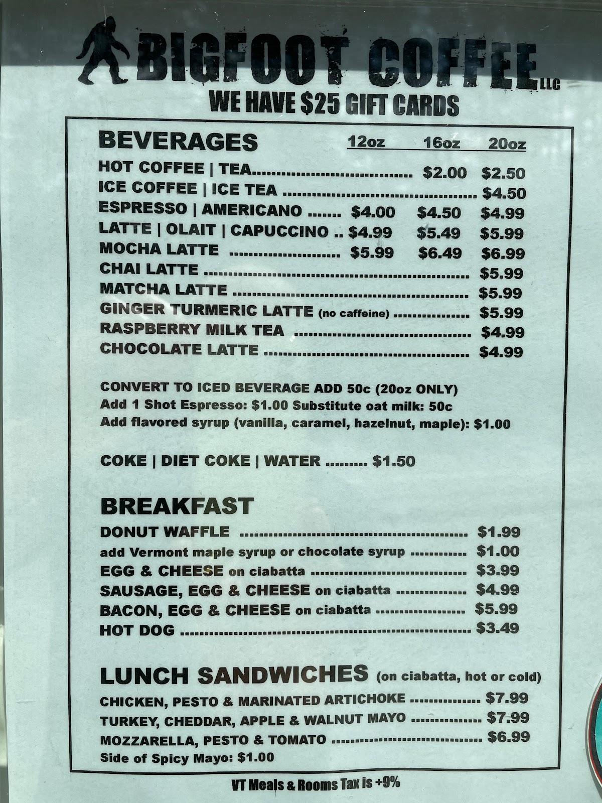Menu at Bigfoot Coffee, Newfane