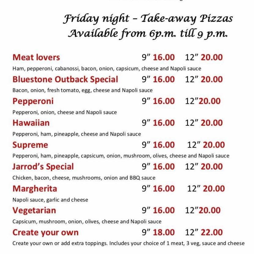 Menu at Bluestone Motor Inn restaurant, Tennant Creek