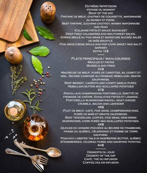 Menu au Restaurant Le Napoléon, Montebello