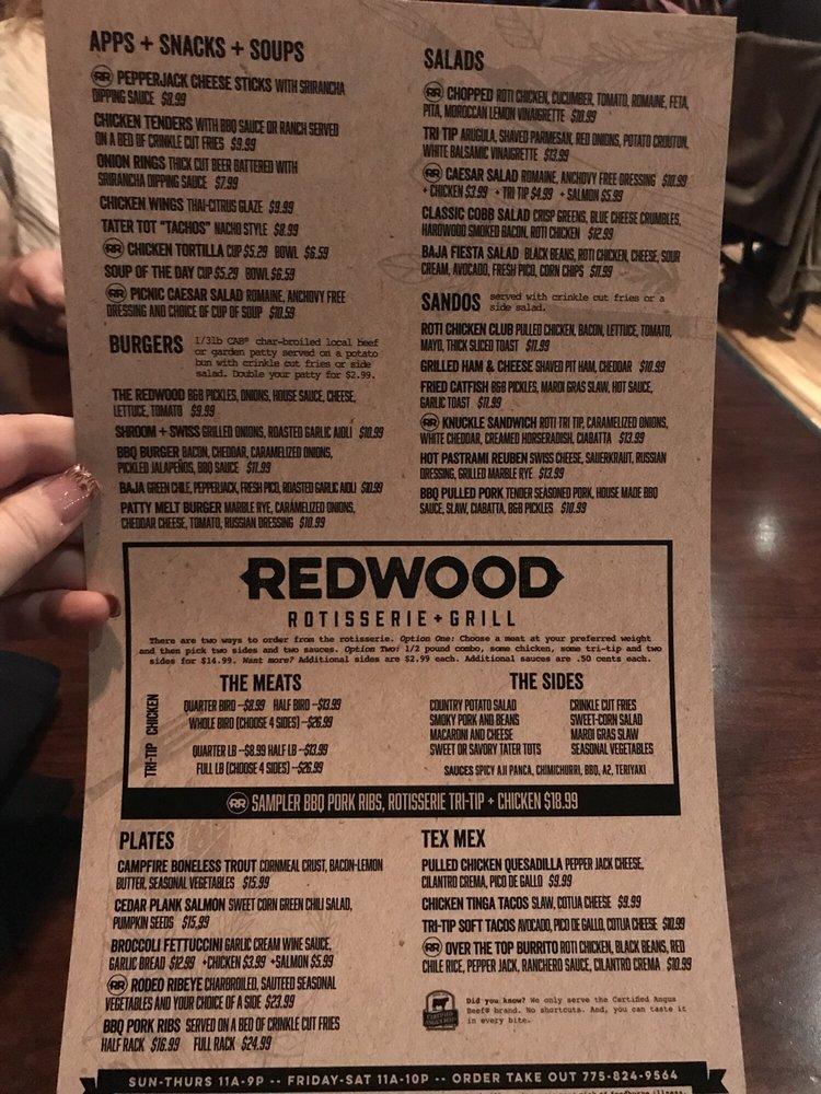Menu at Redwood Rotisserie + Grill pub & bar, Reno