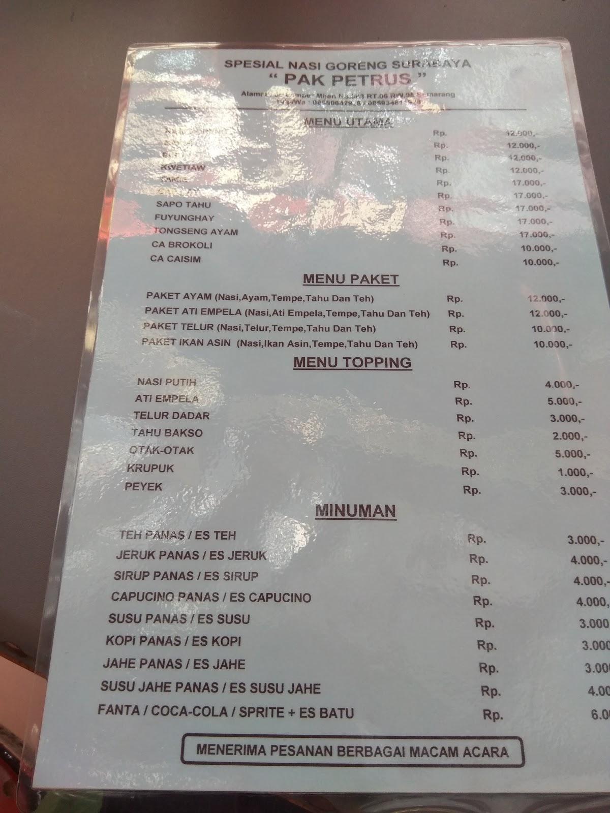 Menu at Resto Spesial Nasi Goreng Surabaya Pak Petrus restaurant, Semarang