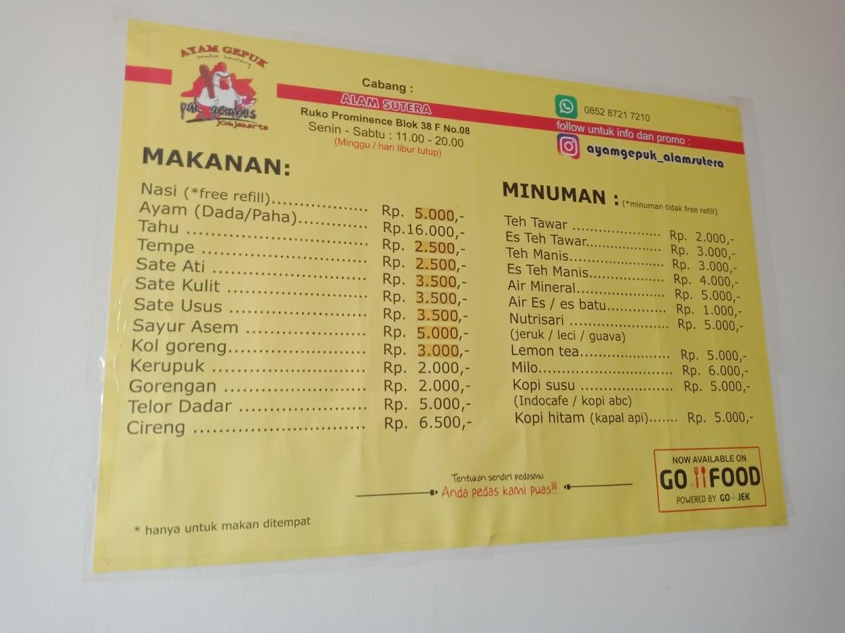 Menu at Ayam Gepuk Pak Gembus Alam sutera restaurant, Tangerang