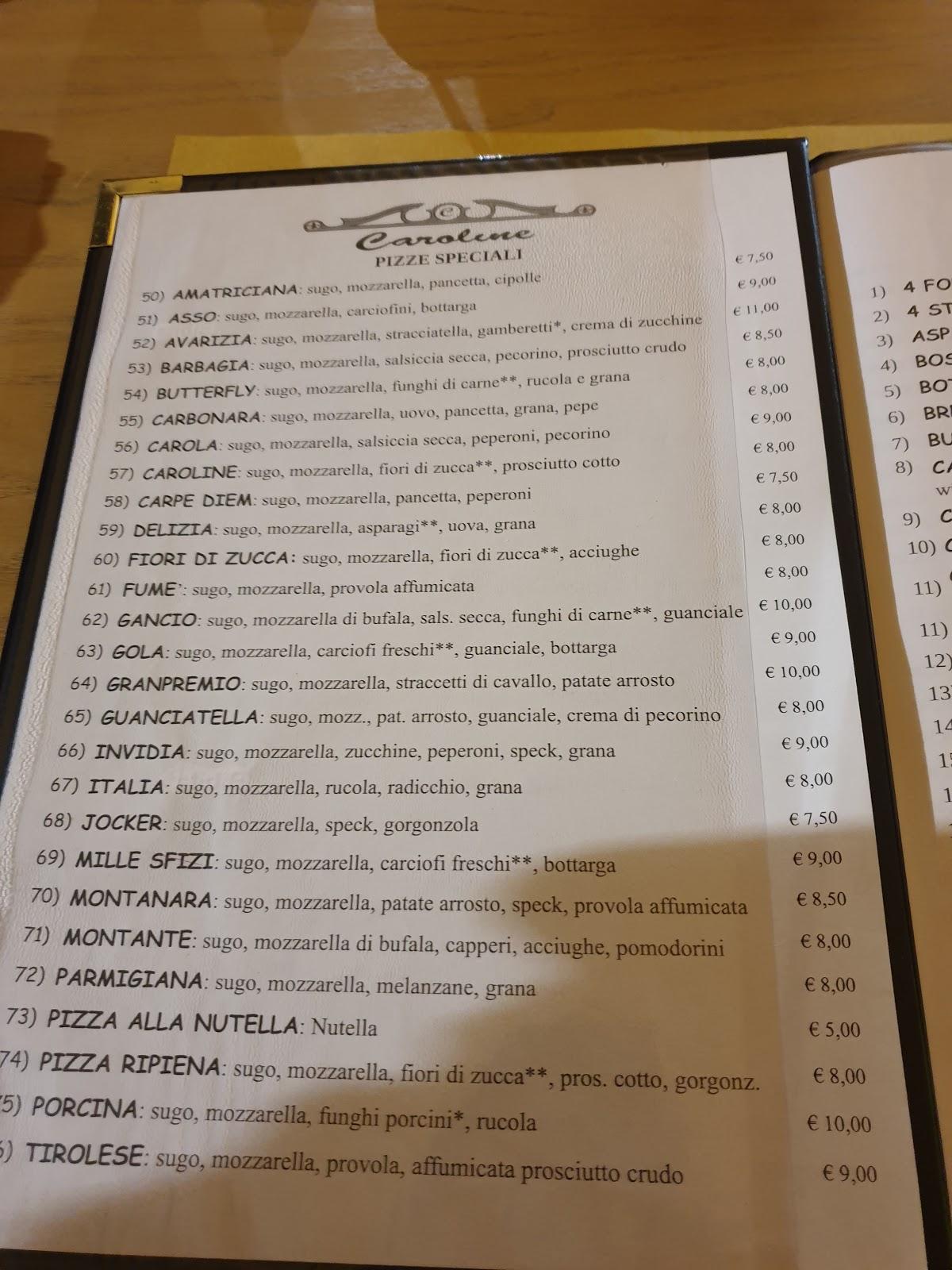Menu at Caroline - Ristorante Pizzeria Bisteccheria, Cagliari