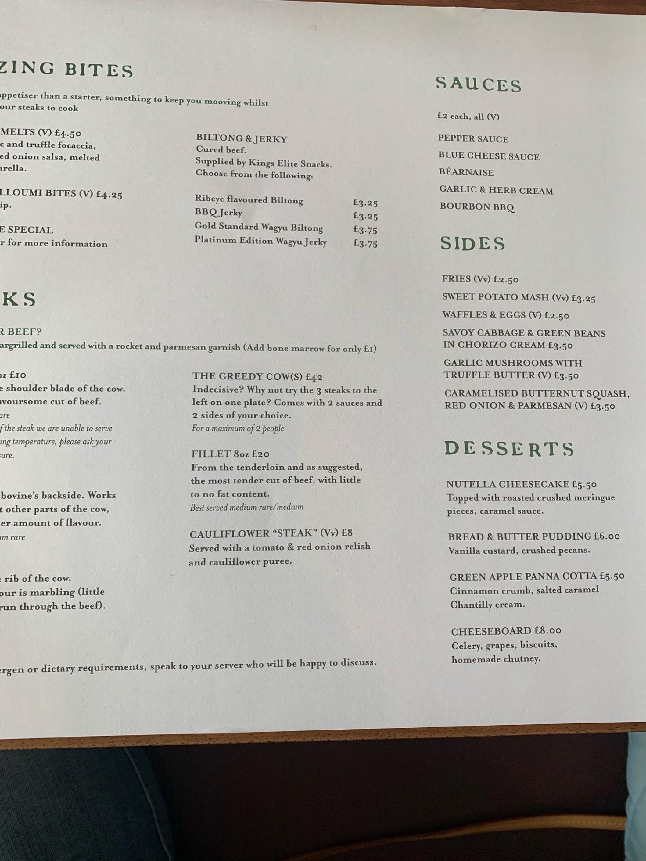 Menu at Cowshed Liverpool steakhouse, Liverpool