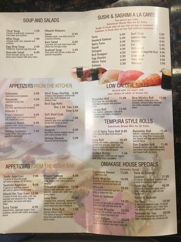 Menu at Hibachi One restaurant, Albuquerque