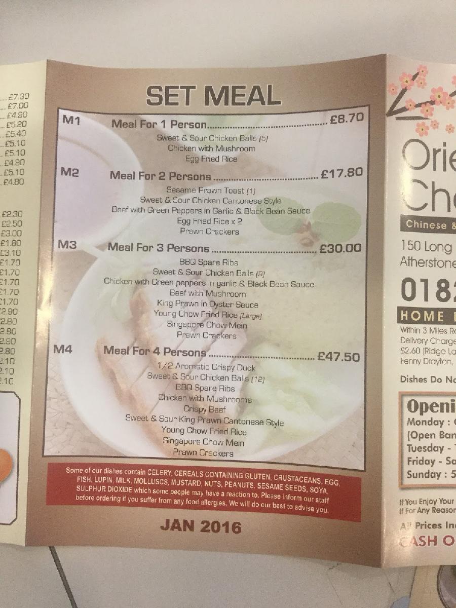Menu at Oriental Chef fast food, Atherstone